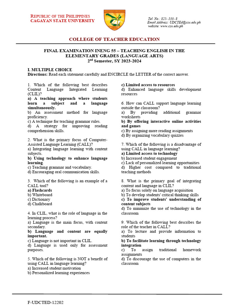 Final Exam: Teaching English ELA 2023-2024 | PDF | Language Education ...