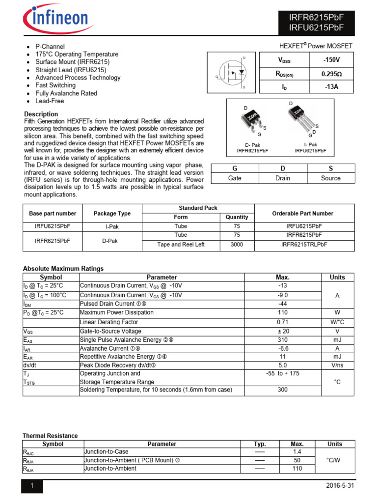 Infineon IRFR6215 DS v01 02 EN-1732087 | PDF | Field Effect Transistor | Diode
