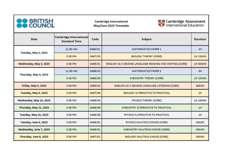 Cambridge International May - June 2023 Timetable Pre-IG | PDF ...
