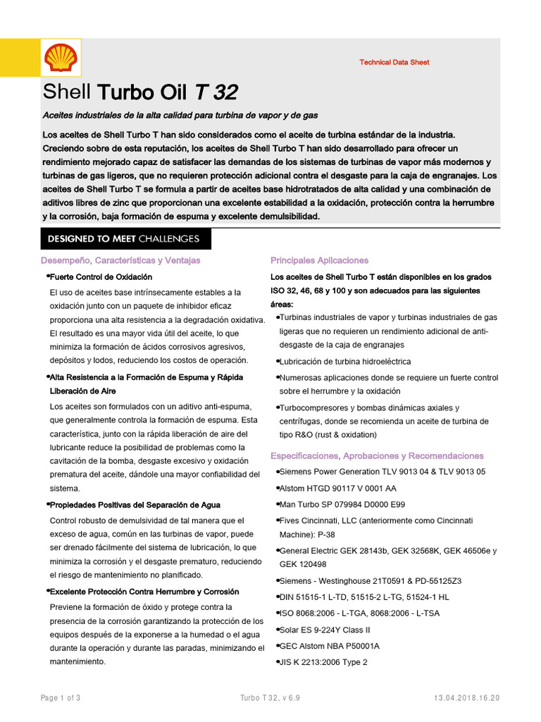 Aceite Shell Turbo T 32 para Turbinas | PDF | Turbocompresor | Engranaje