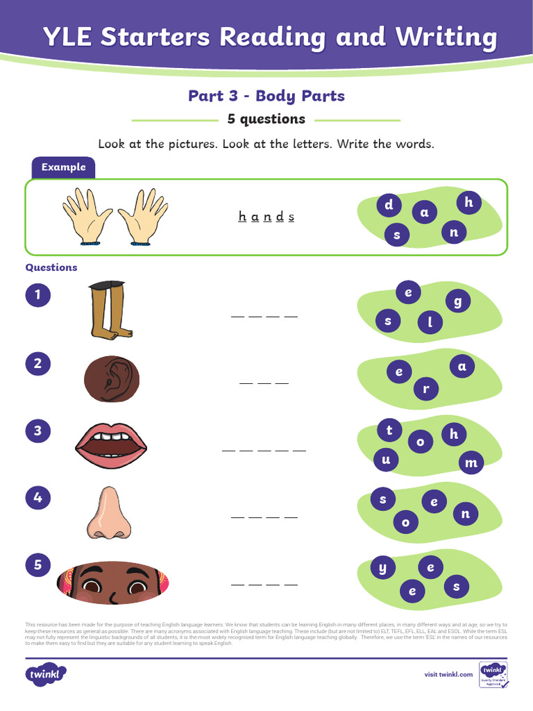 Yle Body Parts Kids Pre A1 Ver 1 | PDF | English As A Second Or Foreign ...