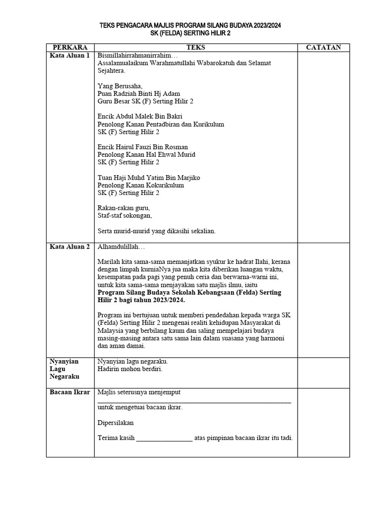 Teks Pengacara Majlis Silang Budaya 2023 | PDF