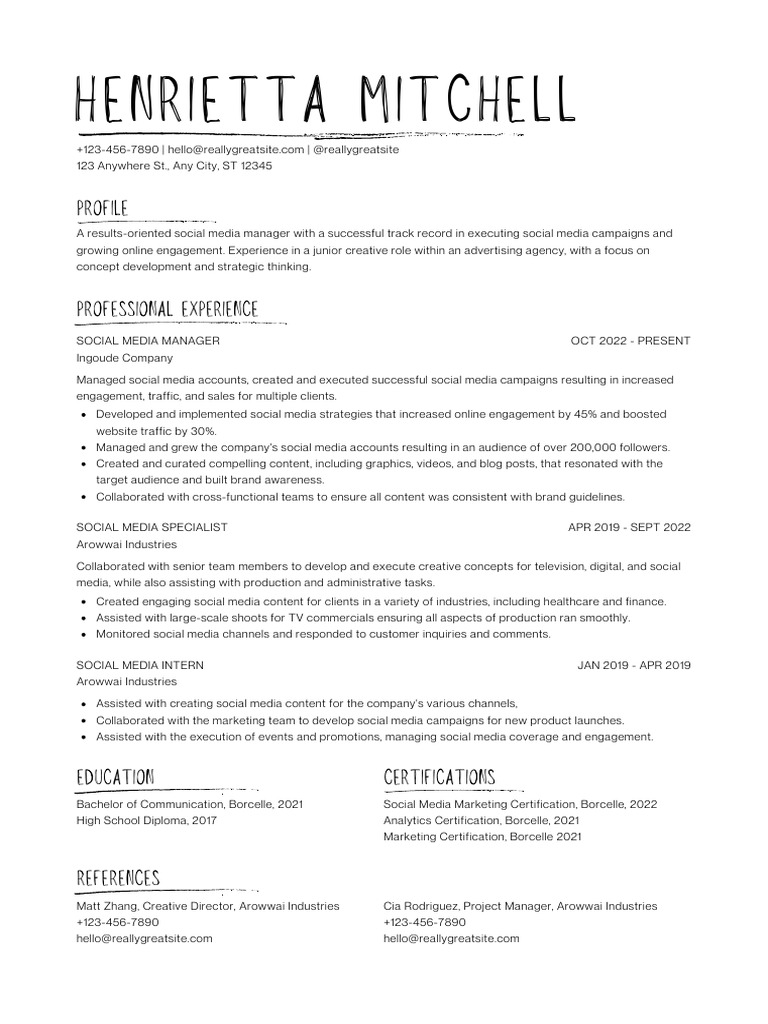 Hemi Black White Handwritten Creative Resume | PDF | Social Media ...