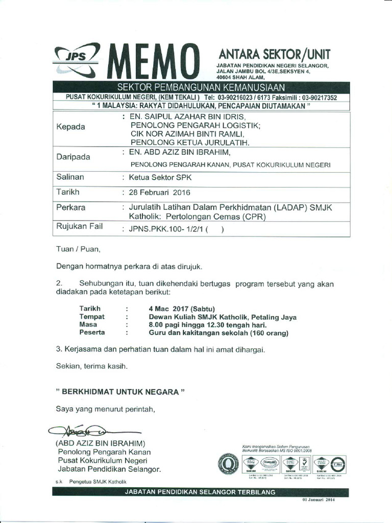 Memo SMJK Katholik | PDF