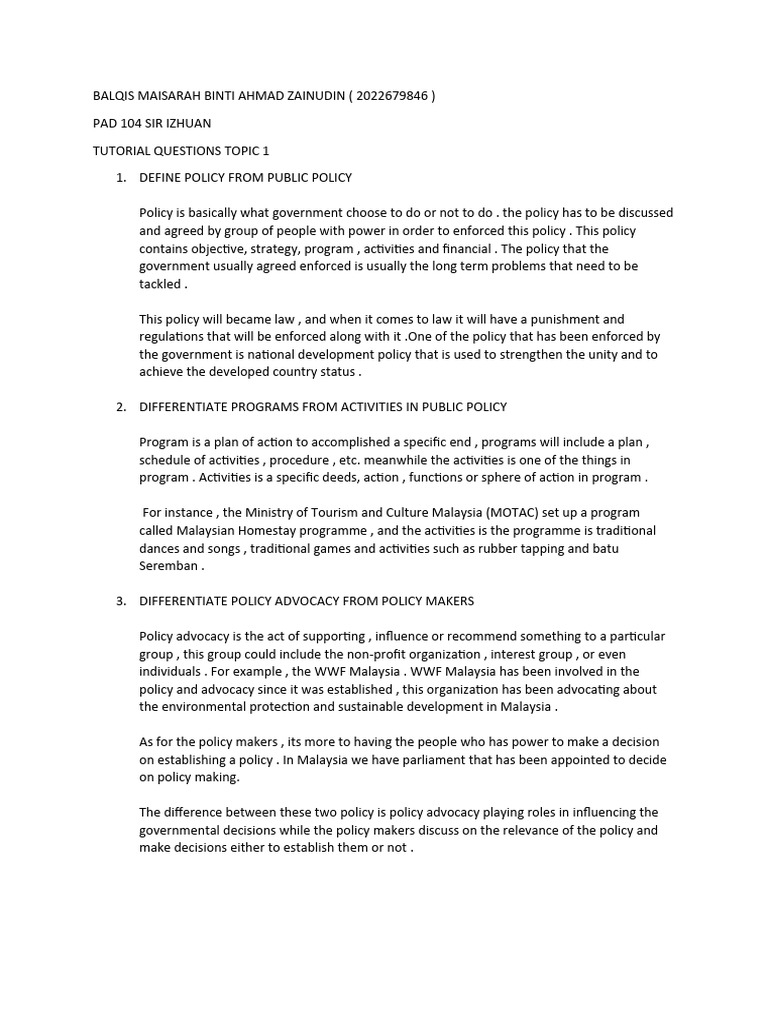 Pad 104 (Tutorial Question Topic 1) | PDF | Policy | Malaysia