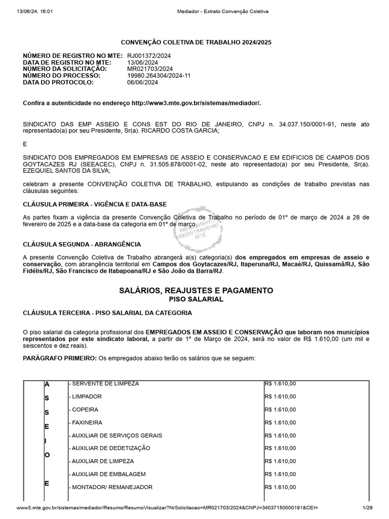 CCT Asseio Conservacao Asseio 2024 Registrada | PDF | Salário | Acordo coletivo