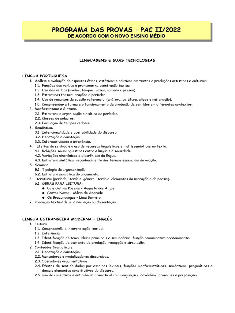 PAC II 2022 PROGRAMA DAS PROVAS de Acordo Com o NEM 642da461666c2 | PDF ...
