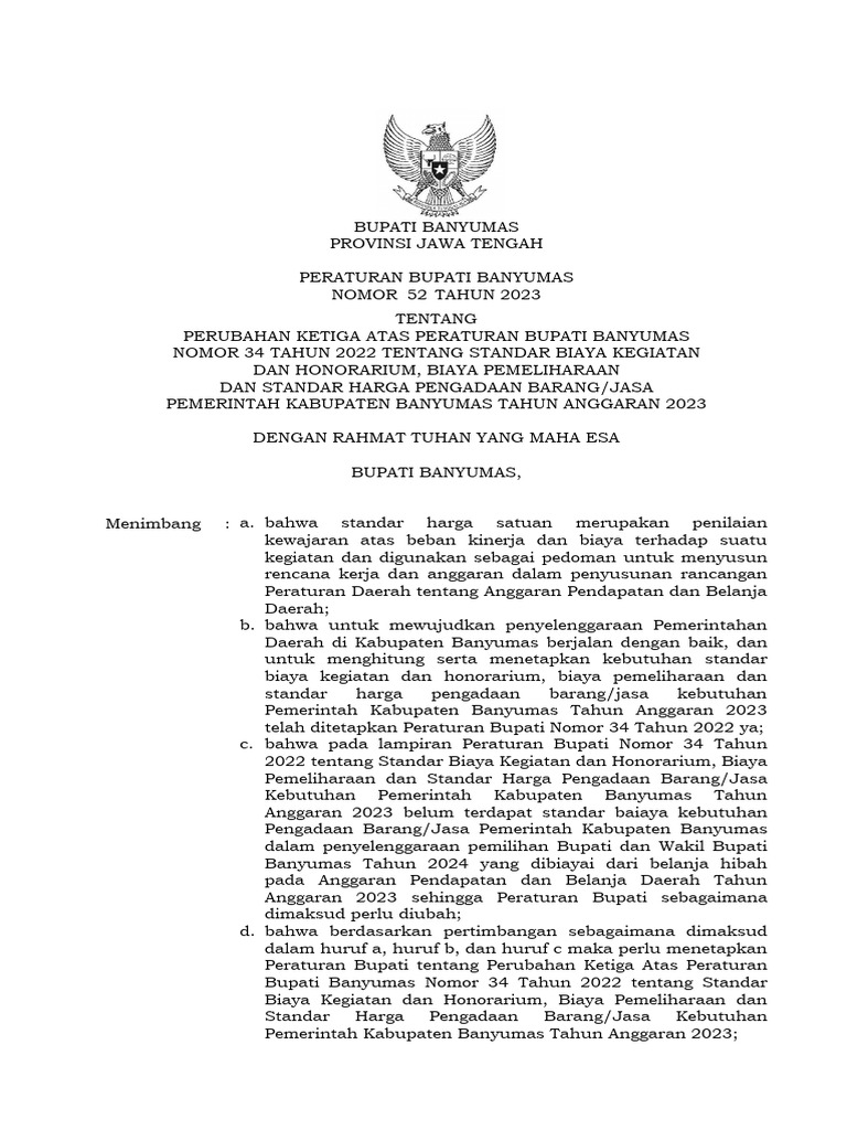 Perbup. No. 52 Tahun 2023 Tentang Perubahan Ketiga SHS Tahun 2023 | PDF