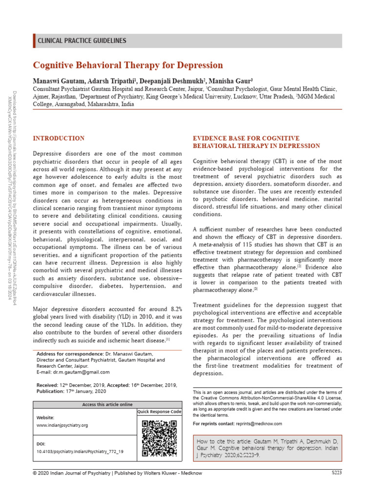 Cognitive Behavioral Therapy for Depression.11 | PDF | Cognitive Behavioral Therapy | Major ...