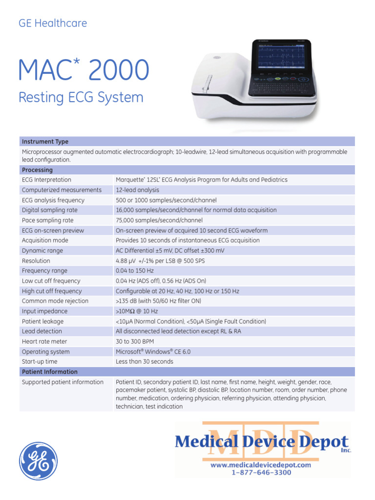 MAC 2000 Data Sheet | PDF | Electrocardiography | Sampling (Signal Processing)