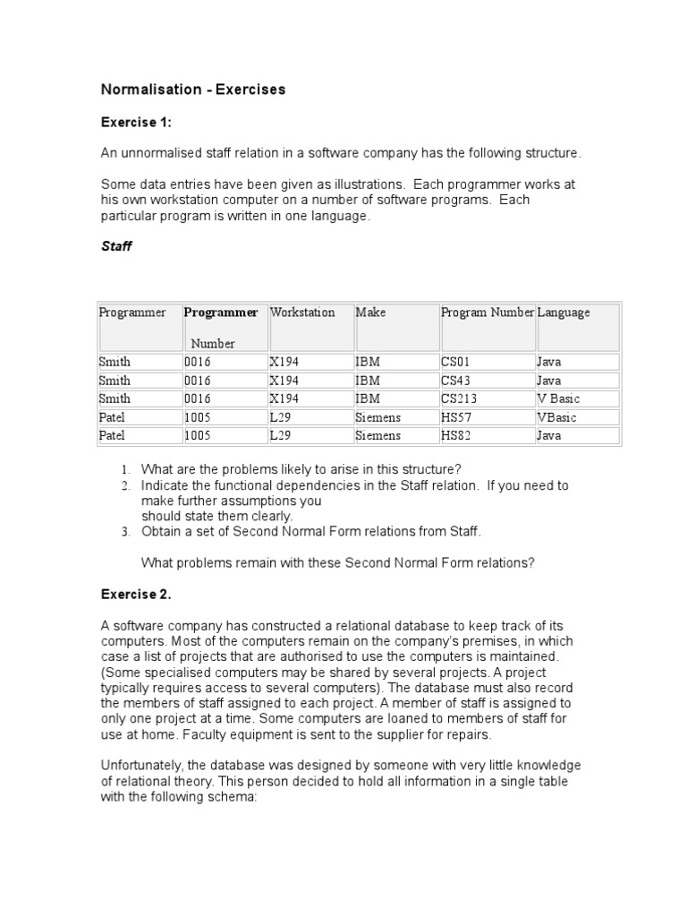 Normalisation Exercises | PDF | Programmer | Databases Normalisation Exercises | PDF | Programmer | Databases