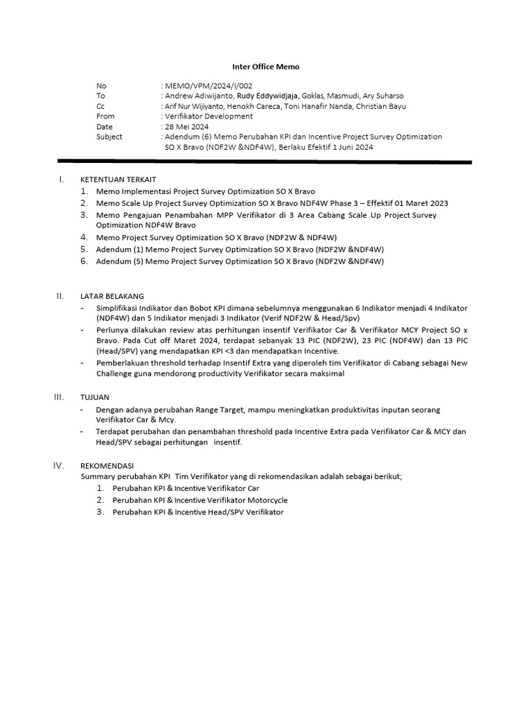 Adendum (6) Memo Perubahan KPI dan Incentive Project Survey Optimization SO X Bravo (NDF2W ...