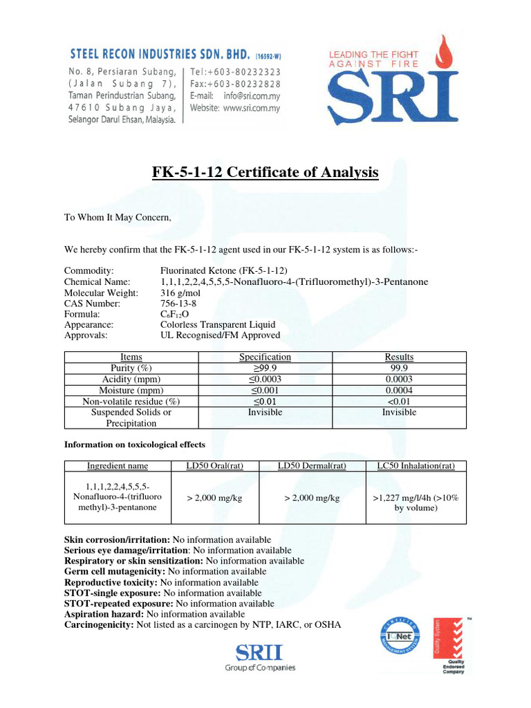 FK-5-1-12 Certificate of Analysis | PDF | Toxicity | Environmental Science