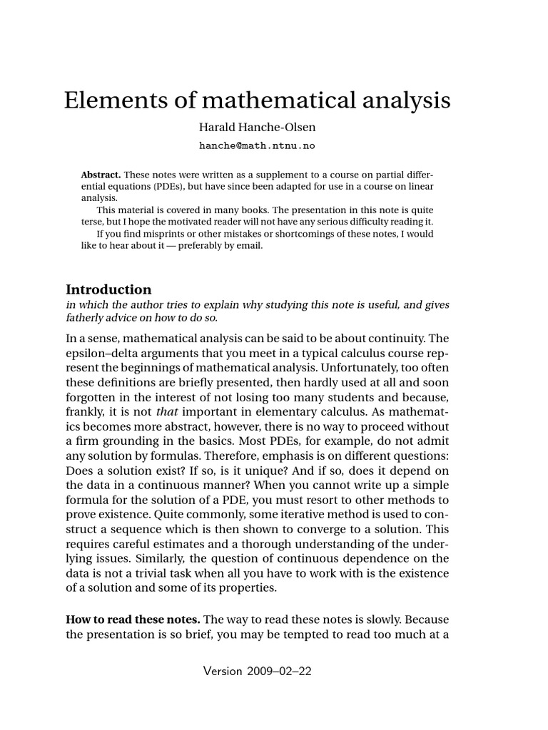 Elements of Mathematical Analysis Author Harald Hanche-Olsen | PDF | Limit (Mathematics ...