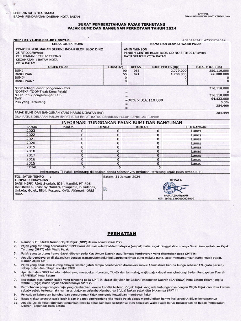 SPPT PBB & Bukti Bayar Taman Seruni THN 2024 | PDF