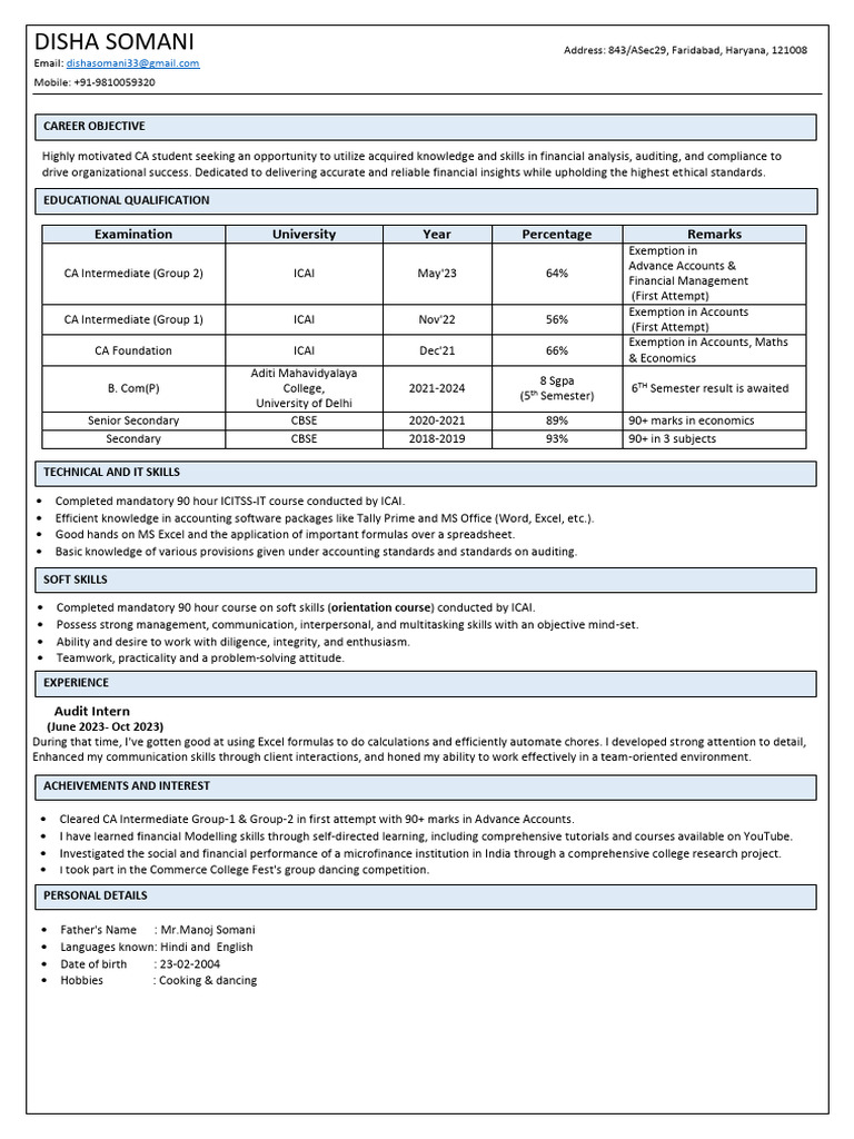 CA Student Resume: Disha Somani | PDF | Audit | Microsoft Excel