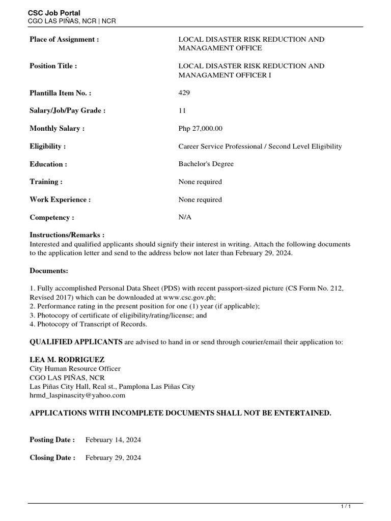 Cgo Las Pias Ncr-local Disaster Risk Reduction and Managament Officer i ...