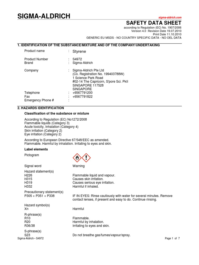 MSDS+Styrene+From+Sigma Aldrich | PDF | Toxicity | Personal Protective ...