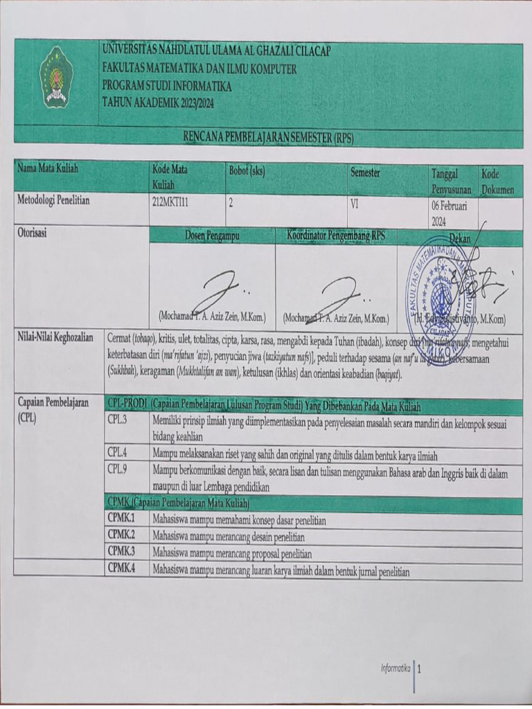 RPS Metodologi Penelitian | PDF | Karier & Perkembangan | Seni