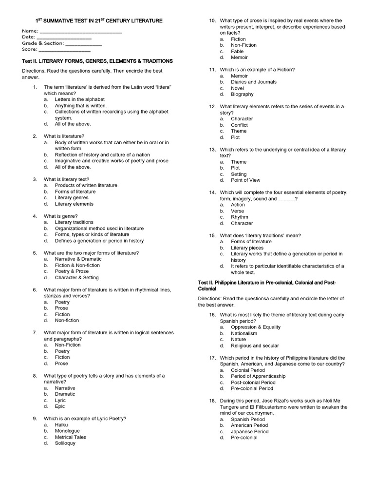 21st Century Literature Assessment | PDF | Poetry