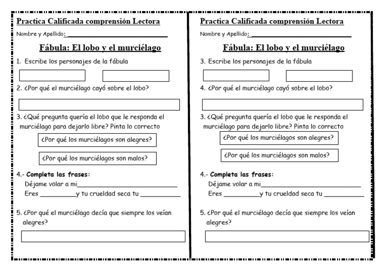 Comprensión Lectora: El Lobo y el Murciélago | PDF | Artes del Lenguaje ...