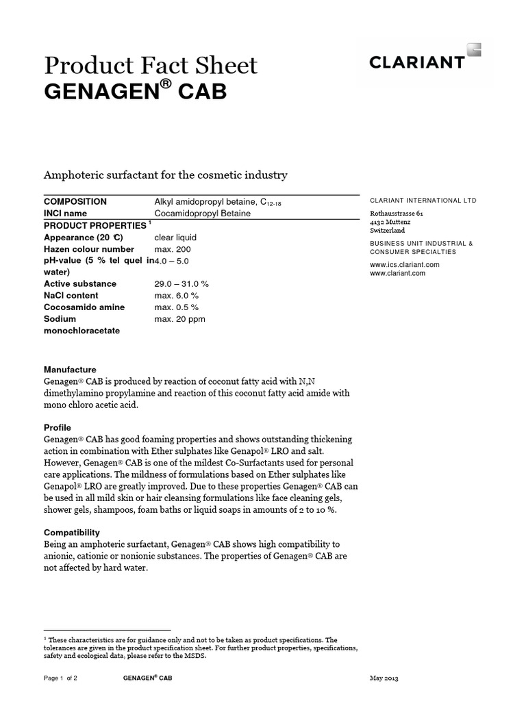 Genagen CAB (Version 2013) | PDF | Surfactant | Chemical Substances