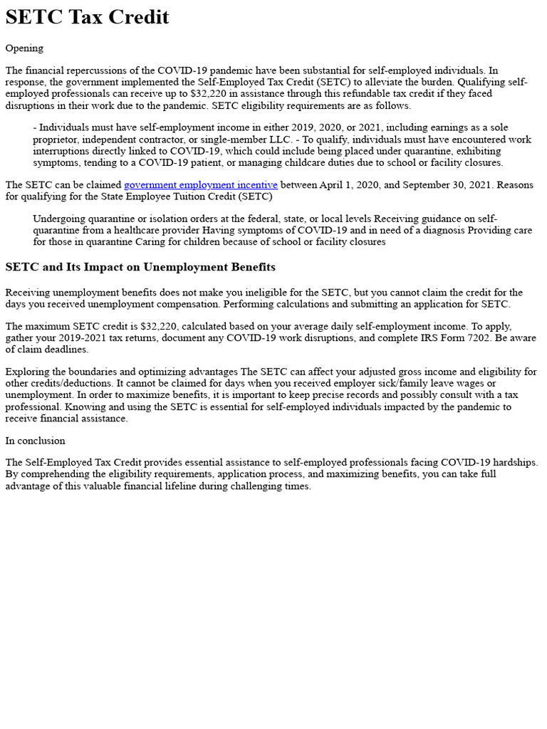 SETC Tax Credit Origin 125462 | PDF | Self Employment | Small Business & Entrepreneurs