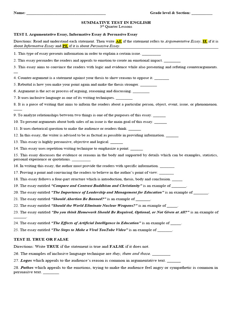 SUMMATIVE TEST_G10 | PDF | Essays | Human Communication