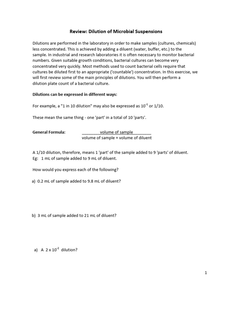 Dilution of Microbial Suspensions Review - Basics | PDF | Colony ...