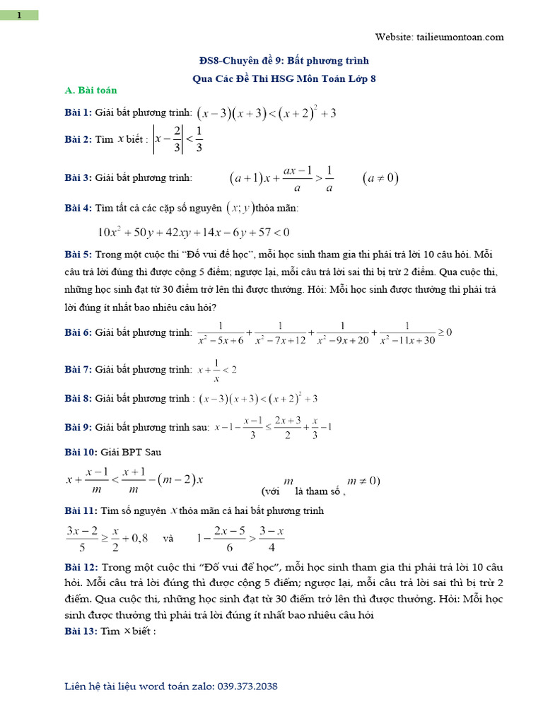 HSG8 - CĐ9 BẤT PHƯƠNG TRÌNH | PDF