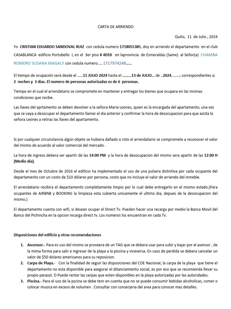 Carta de Arriendo | PDF