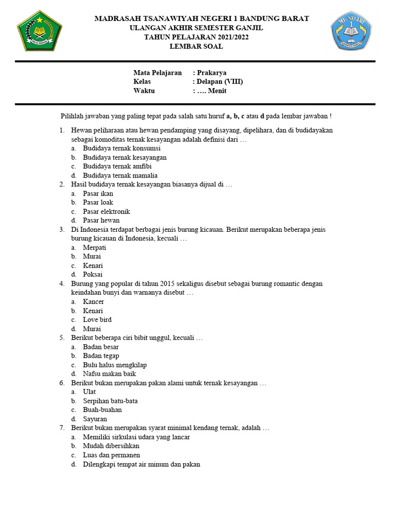 Soal Uas SMT Ganjil Prakarya Kelas 8 | PDF