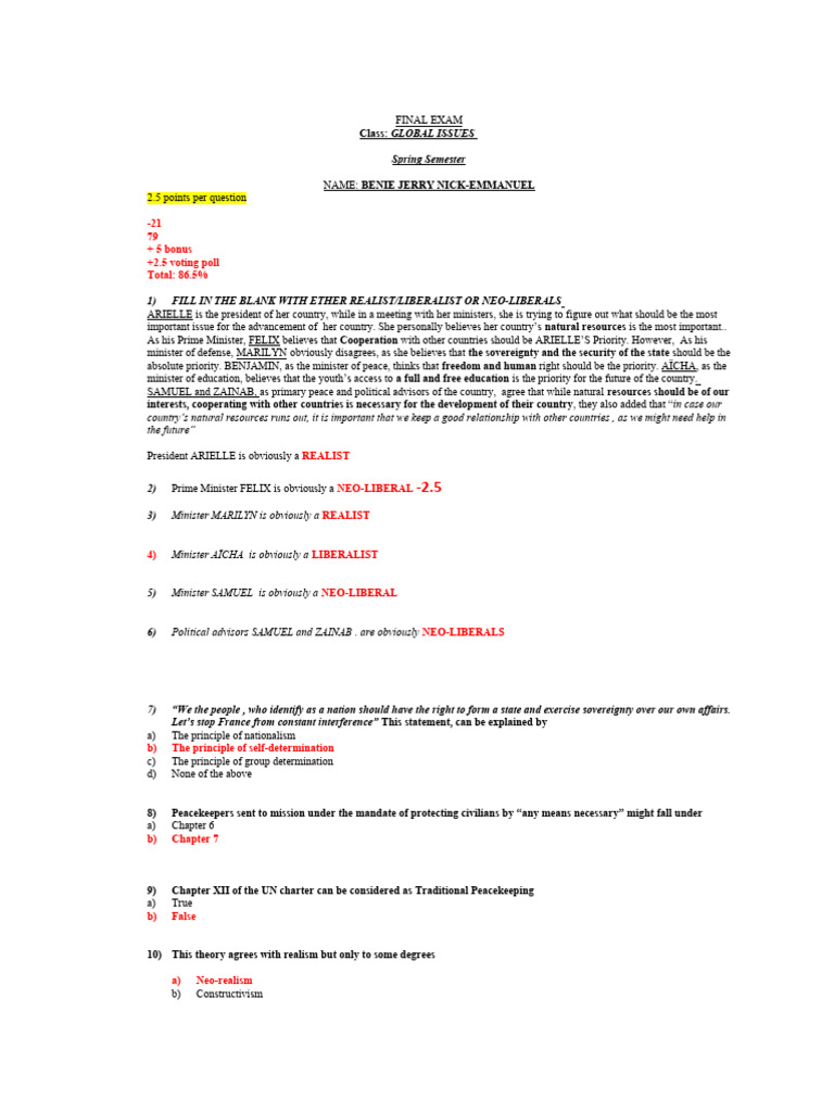 Global Issues Final Exam Analysis | PDF | Sustainability | United Nations