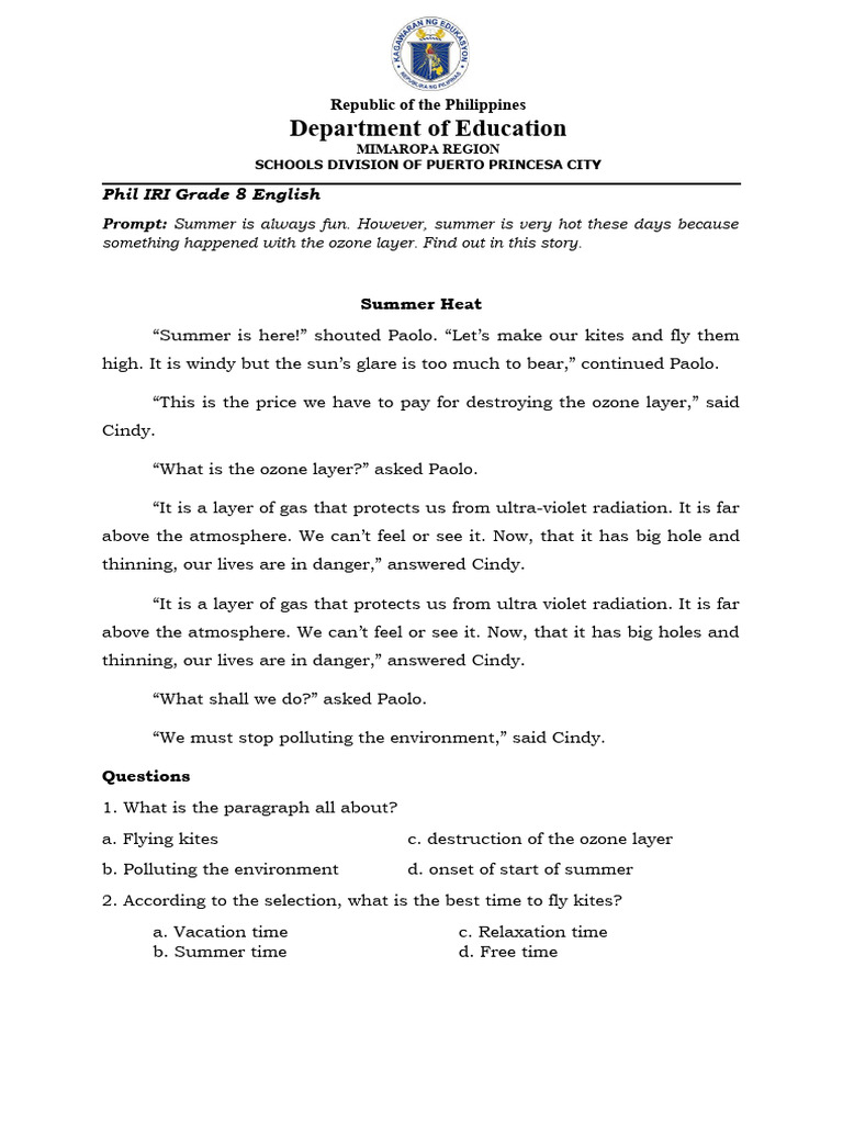 Phil IRI GRADE 8 English Text | PDF | Atmosphere Of Earth | Atmosphere