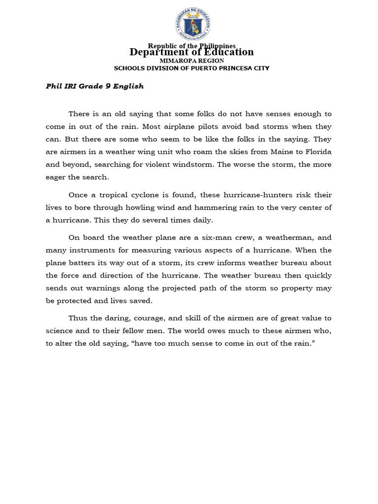 Phil IRI GRADE 9 English Text | PDF | Tropical Cyclones | Storms
