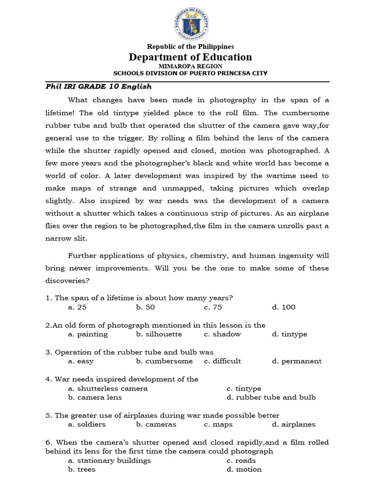 Phil IRI GRADE 10 English Text | PDF | Camera | Shutter (Photography)