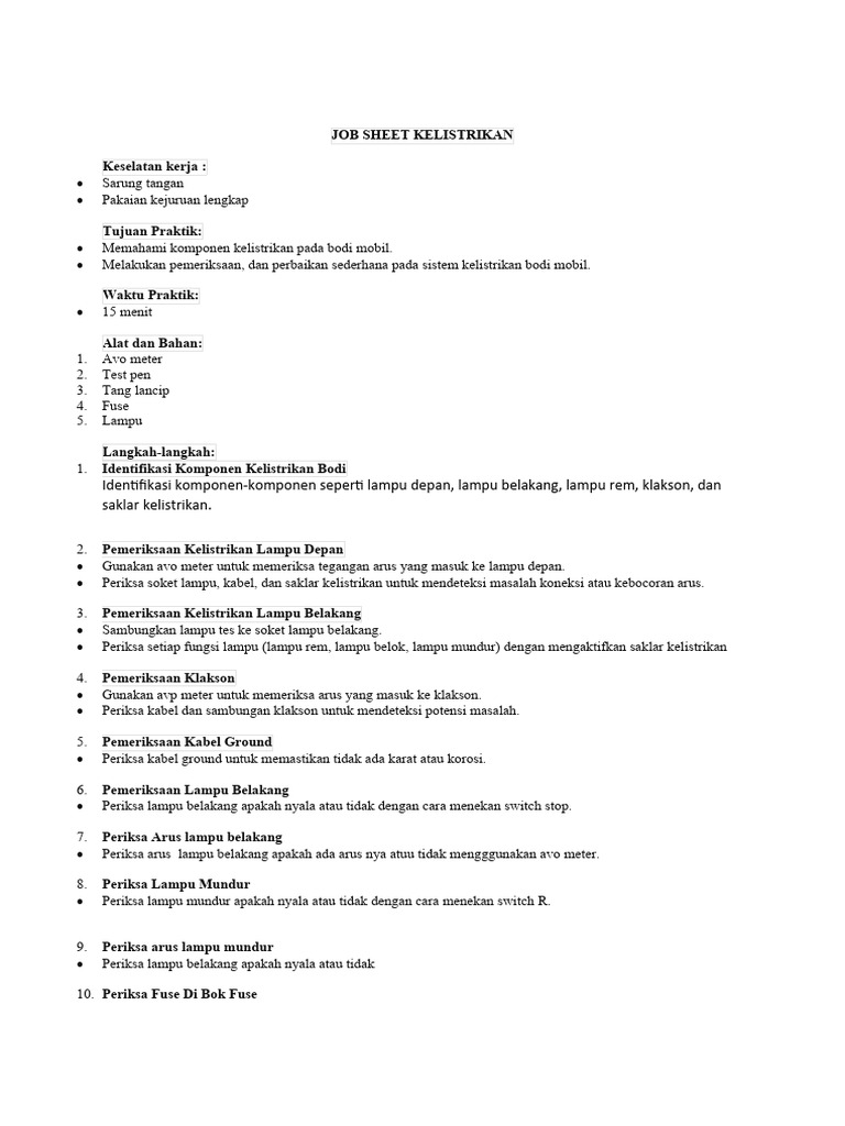 Job Sheet Kelistrikan | PDF