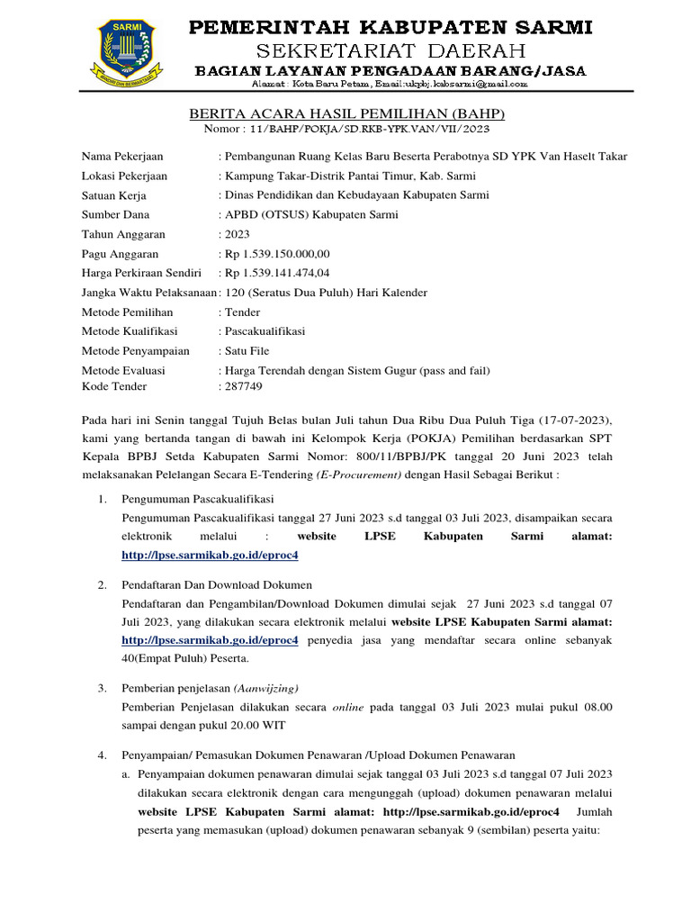 BERITA ACARA HASIL PEMILIHAN RKB SD VAN Haselt Takar | PDF