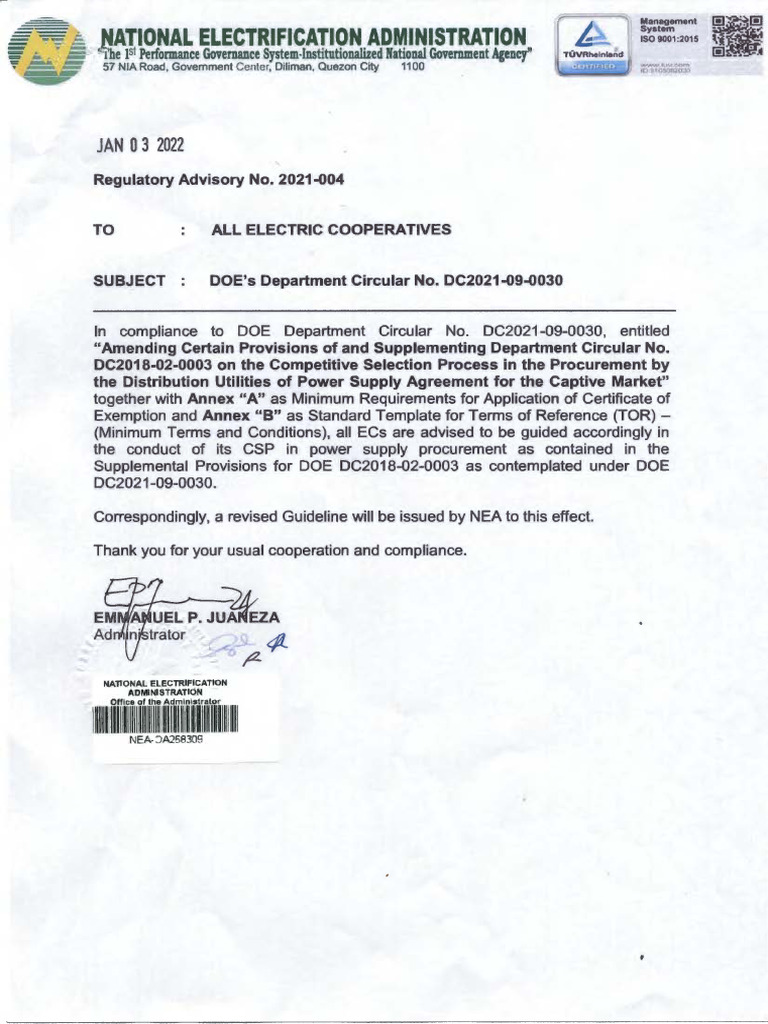 Regulatory Advisory No 2021-004 - DOEs Department Circular DC2021!09!0030 | PDF