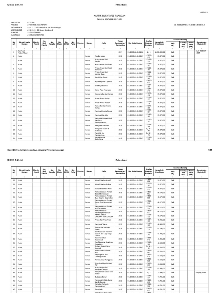 Kartu Inventaris Ruangan | PDF