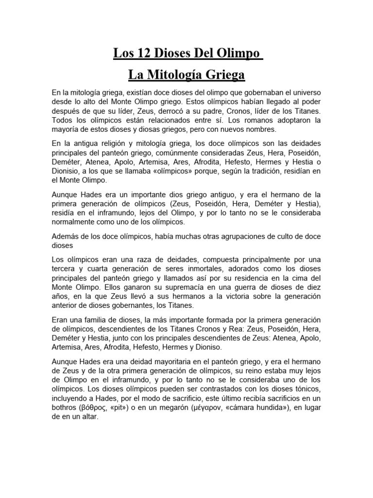 Los 12 Dioses Del Olimpo | PDF | Doce olímpicos | Zeus