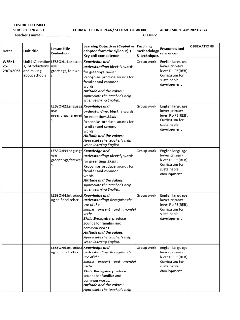 P2 English Scheme of Work 2023-2024 | PDF | Curriculum | English Language