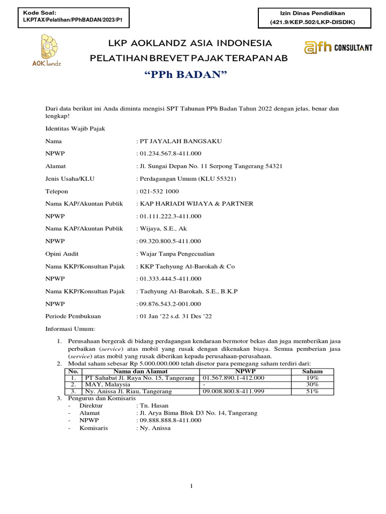 05 Soal SPT Badan PT Jayalah Bangsaku - Pelatihan - 230326 - 074527 | PDF