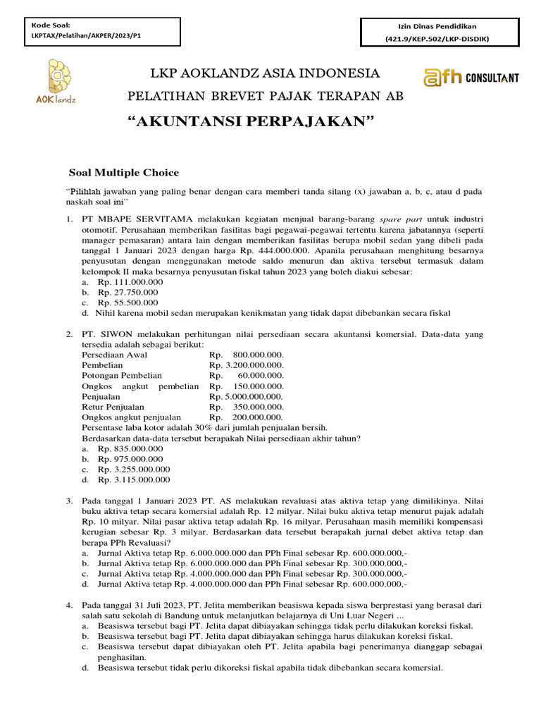 06 SOAL Akuntansi Perpajakan Pelatihan BREVET AB - 230326 - 074446 | PDF