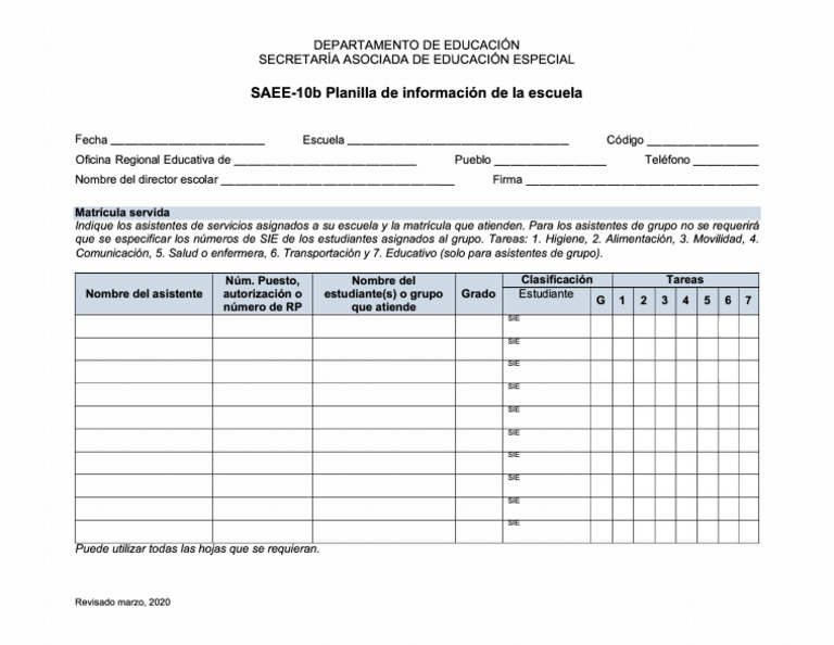 Saee 10b Planilla de Informacion de La Escuela | PDF