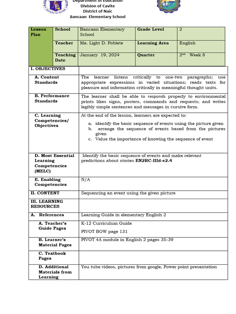 SEQUENCING COT2 | PDF | Learning | Curriculum