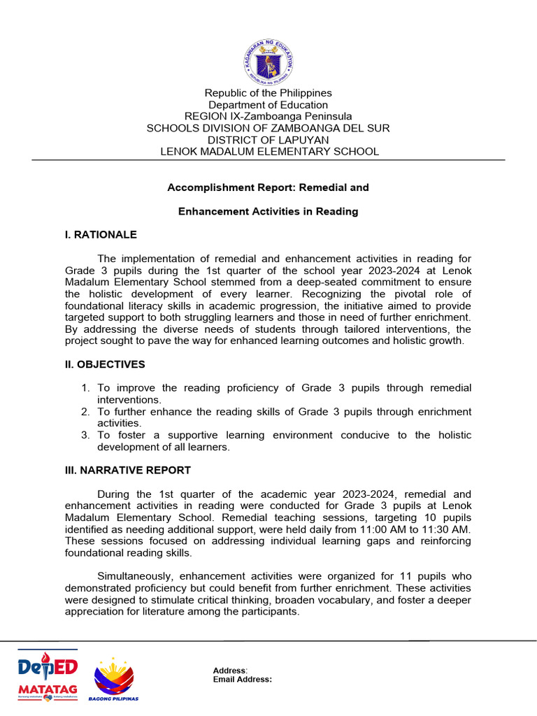 ACCOMPLISHMENT REPORT - Remedial and Enhancement Activities | PDF | Learning | Reading Comprehension