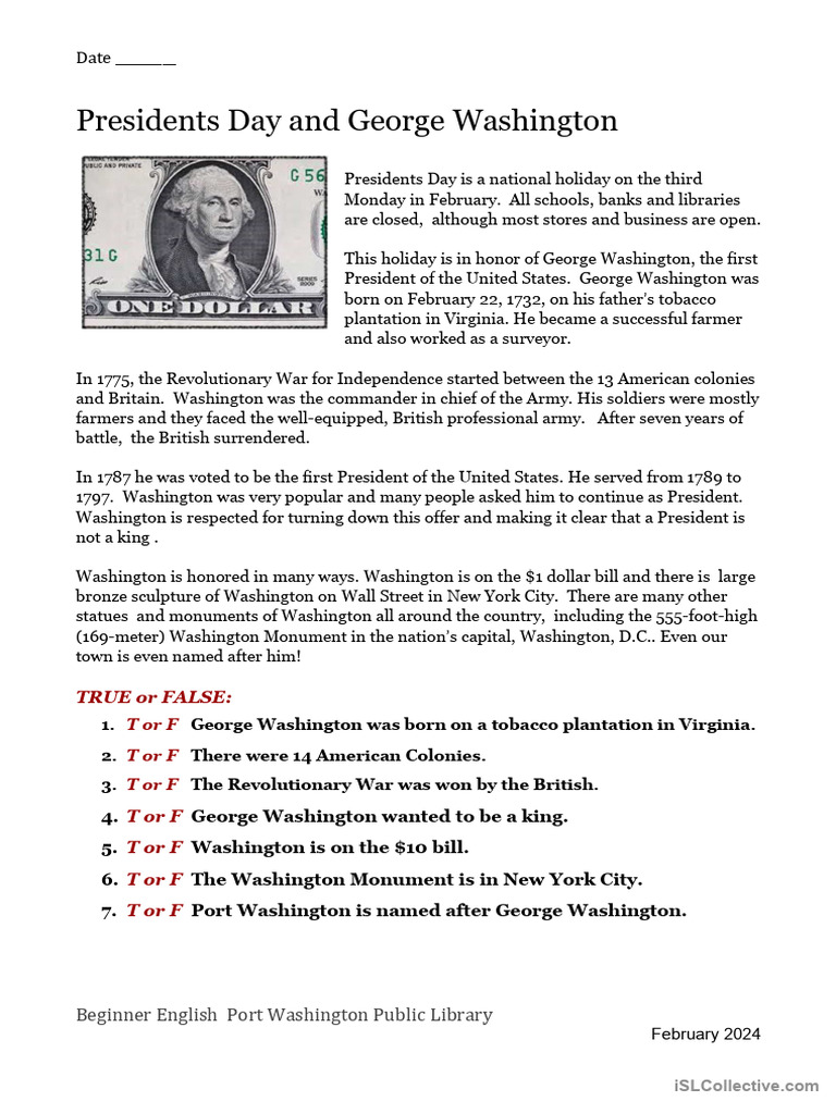 Presidents Day & George Washington - Easy Reading A-2 With T - F ...