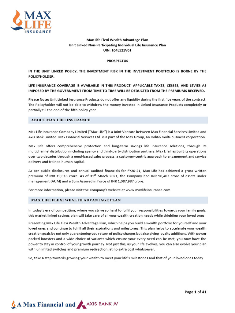 Max Life Flexi Wealth Advantage Plan - Prospectus - Website Upload | PDF | Investment Fund ...