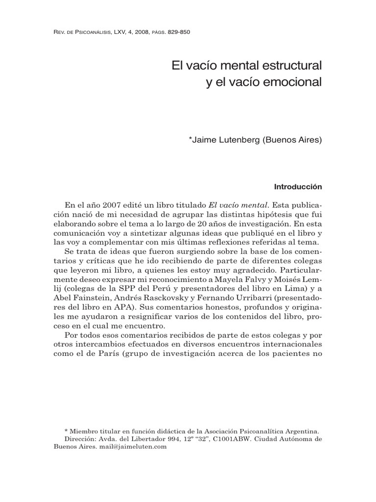 Vacío Mental y Vulnerabilidad Narcisista | PDF | Psicoanálisis | Mente